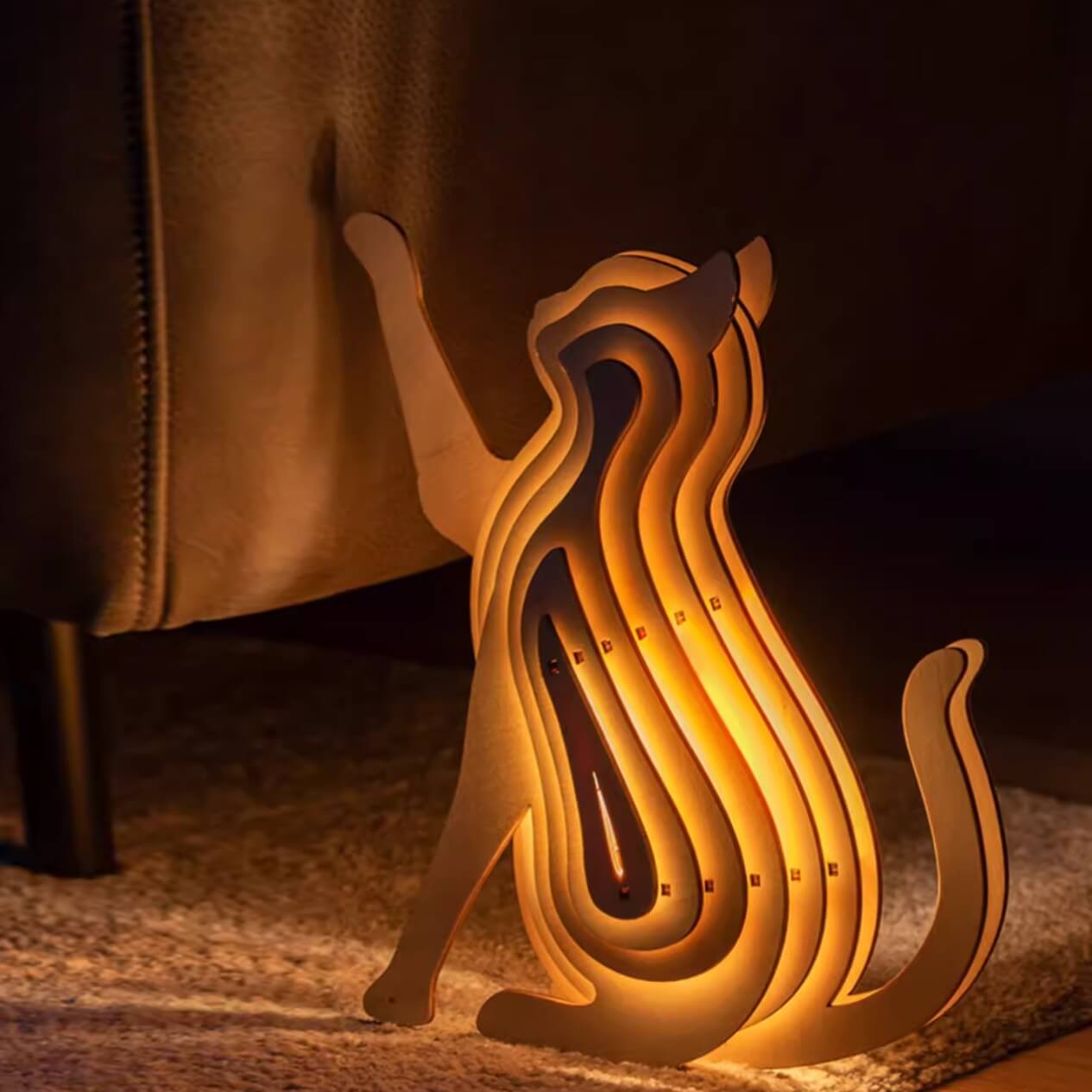 Natural Wooden Cat Night Lamp – Petites Paws